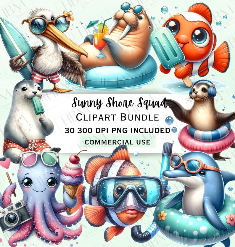 Summer Beach Animals Clipart Bundle, Funny Ocean Sea Creatures PNG ...