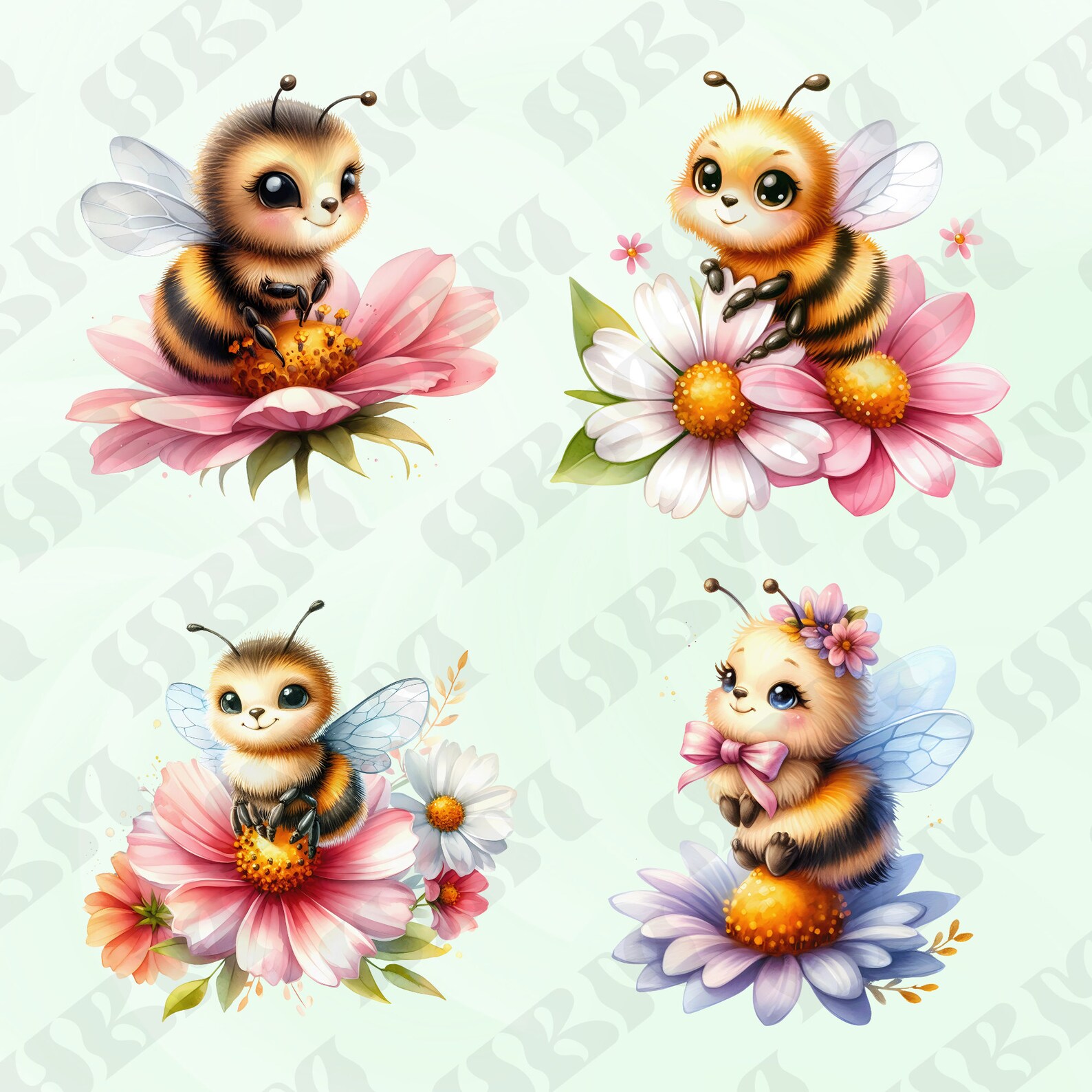Cute Watercolor Bees on Flowers Clipart Bundle, Daisies Nursery Decor ...