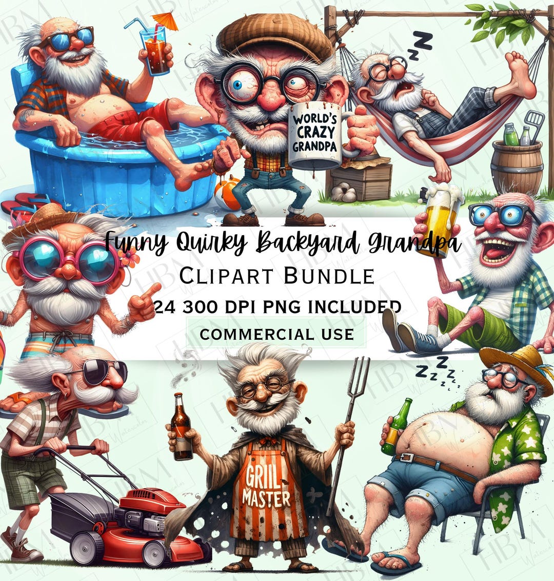 Funny Quirky Backyard Grandpa Clipart Bundle, Watercolor Old Man ...