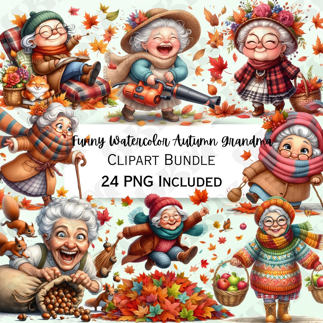 Funny Watercolor Autumn Grandma Clipart Bundle, Comical Old Lady ...