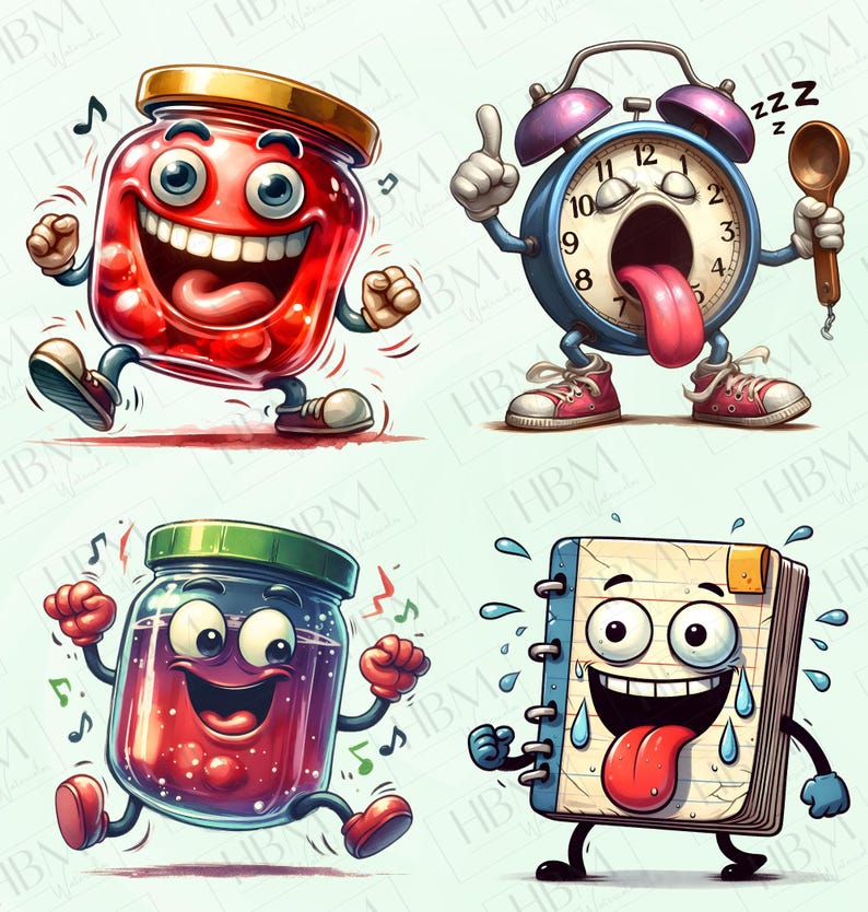 Funny Retro Cartoon Characters Clipart Bundle, Watercolor Vintage ...