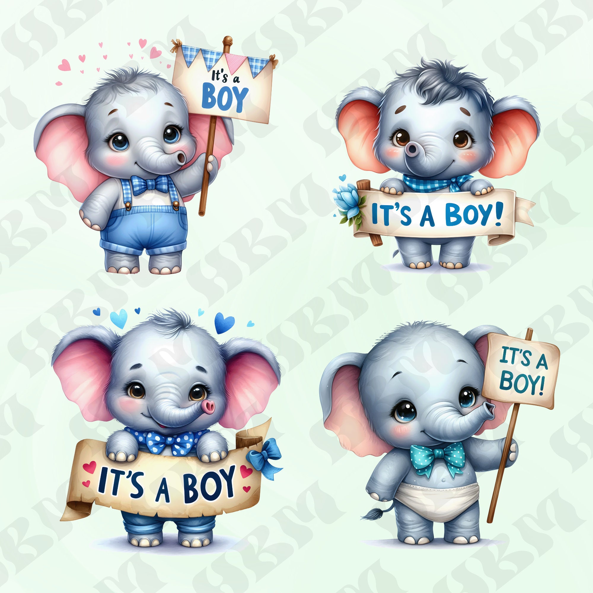 Watercolor Boy Elephant Clipart Bundle, Cute Nursery Decor, Adorable ...