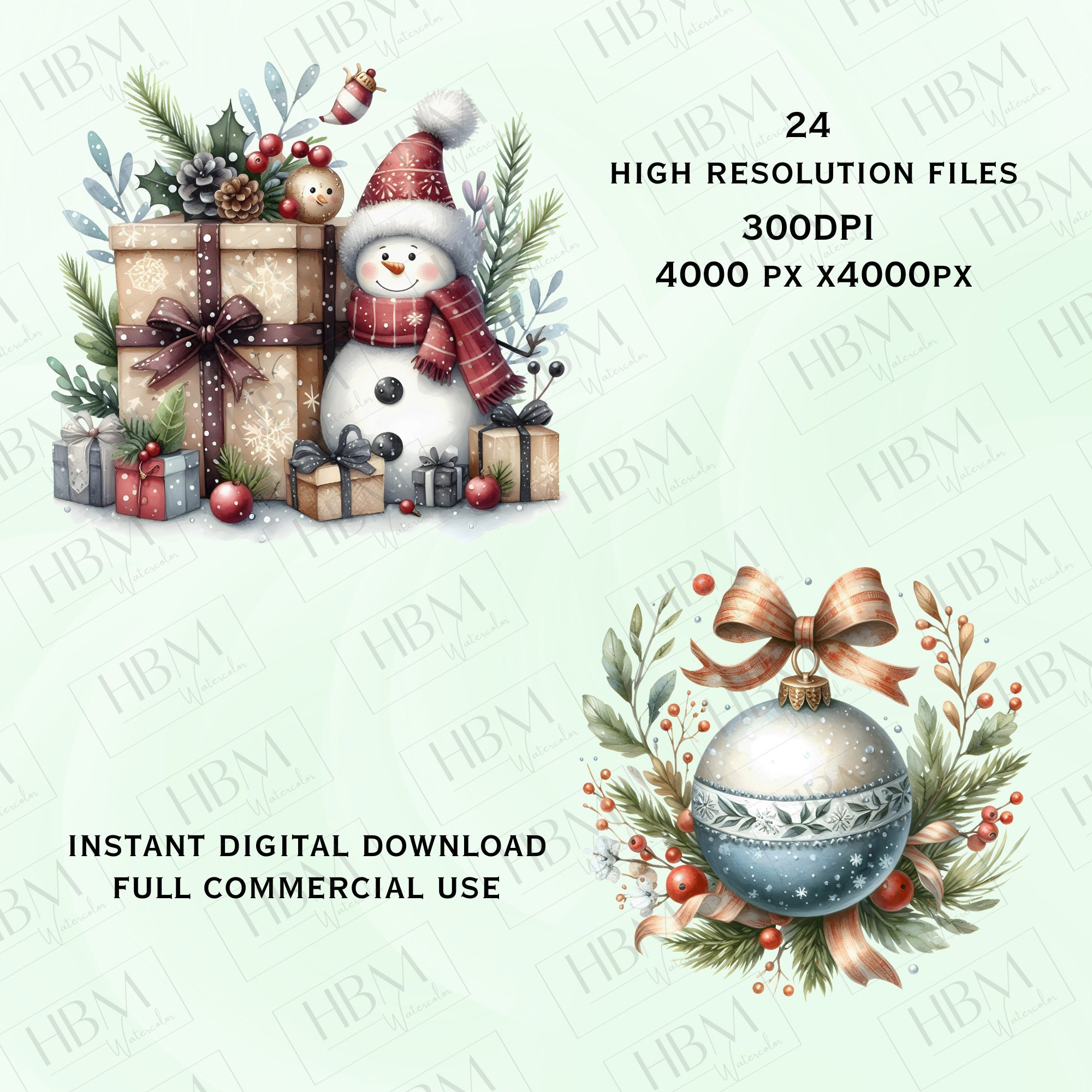 Rustic Watercolor Christmas Clipart Bundle, Snowman Graphic, Farmhouse ...