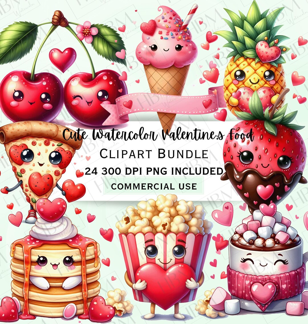 Cute Watercolor Valentine's Day Food Clipart Bundle, Romantic Kawaii ...