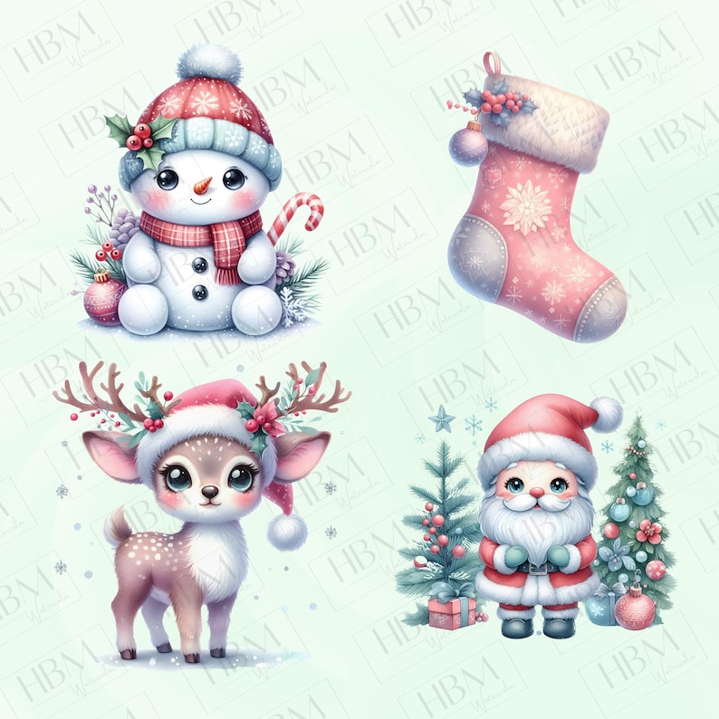 Cute Watercolor Pastel Christmas Clipart Bundle, Adorable Snowman ...