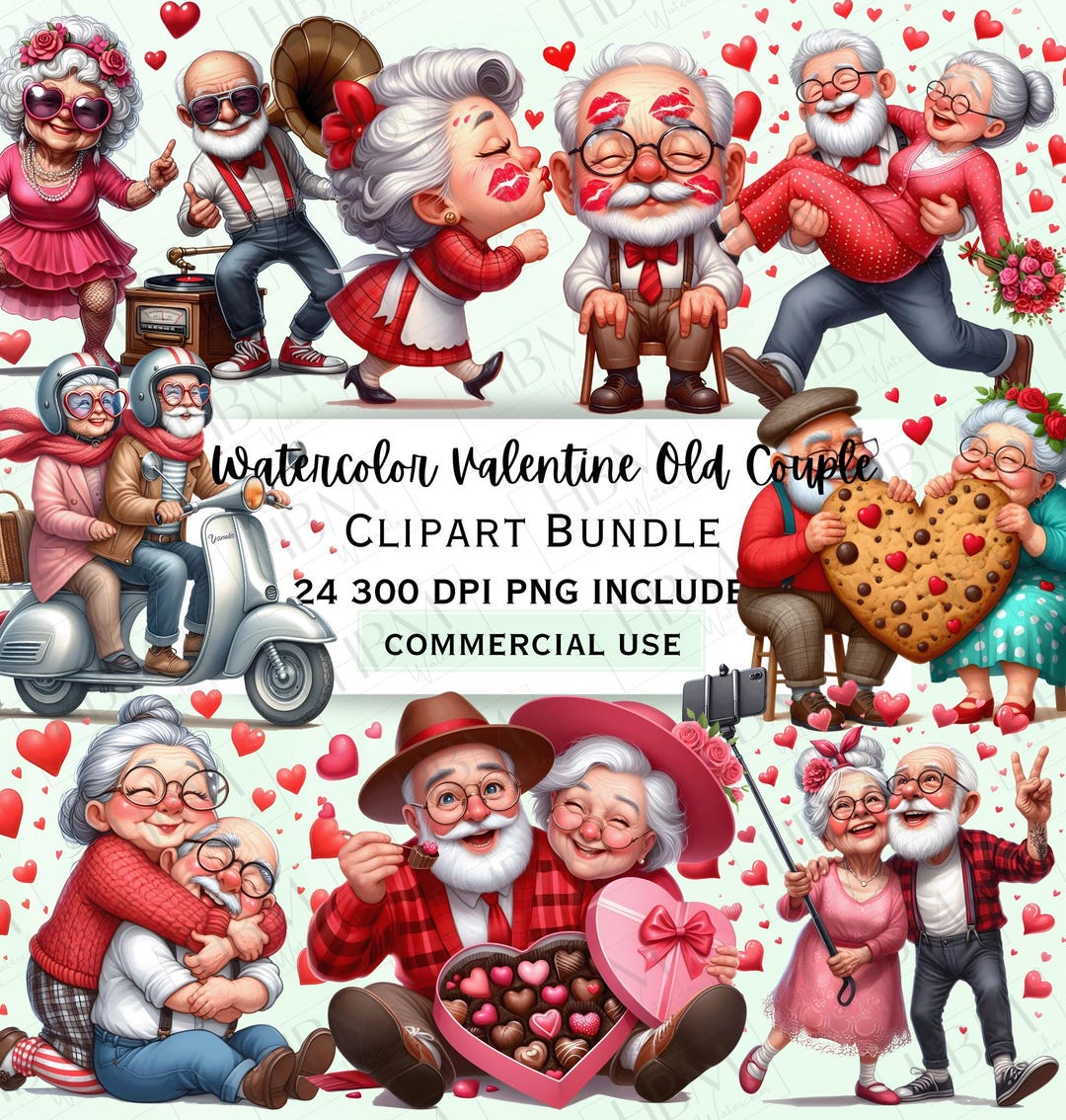 Funny Watercolor Valentine Old Couple Clipart Bundle, Whimsical ...