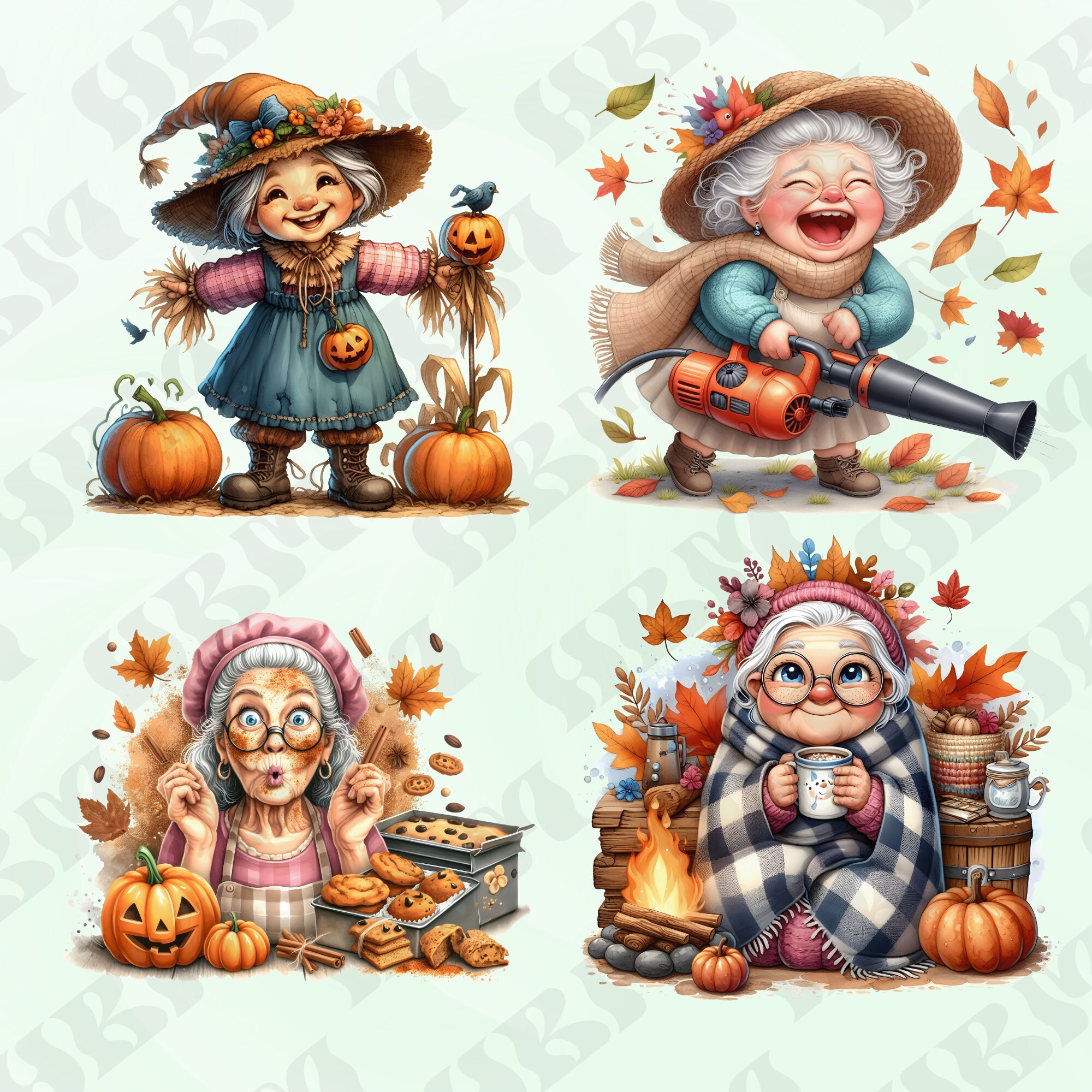 Funny Watercolor Autumn Grandma Clipart Bundle, Comical Old Lady ...