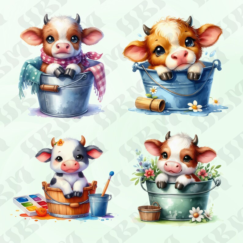 Cute Watercolor Cows in Buckets Clipart Bundle, Bull Stickers, Adorable ...