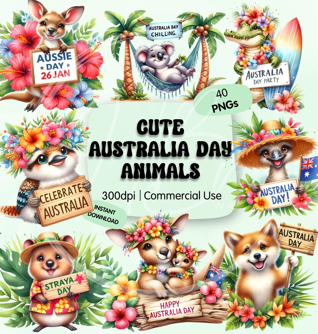 Cute Australia Day Animals Clipart Bundle, Watercolor Quirky Mammals ...