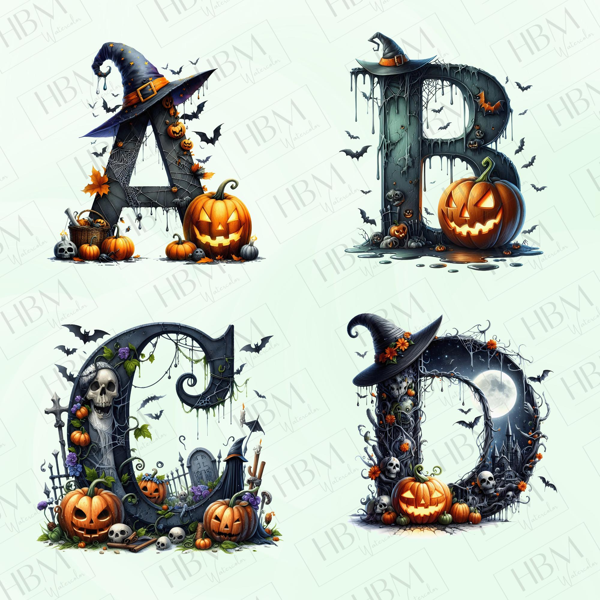 Watercolor Halloween Letters Clipart Bundle, Whimsical Gothic Graphics ...