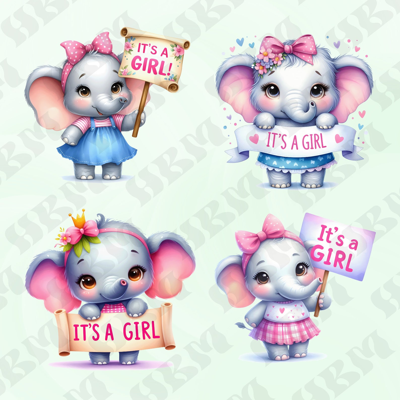 Watercolor Girl Elephant Clipart Bundle, Cute Nursery Decor, Pink Baby ...