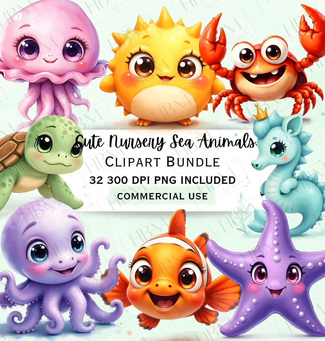 Cute Watercolor Ocean Animals Clipart Bundle, Baby Sea Creatures PNG ...