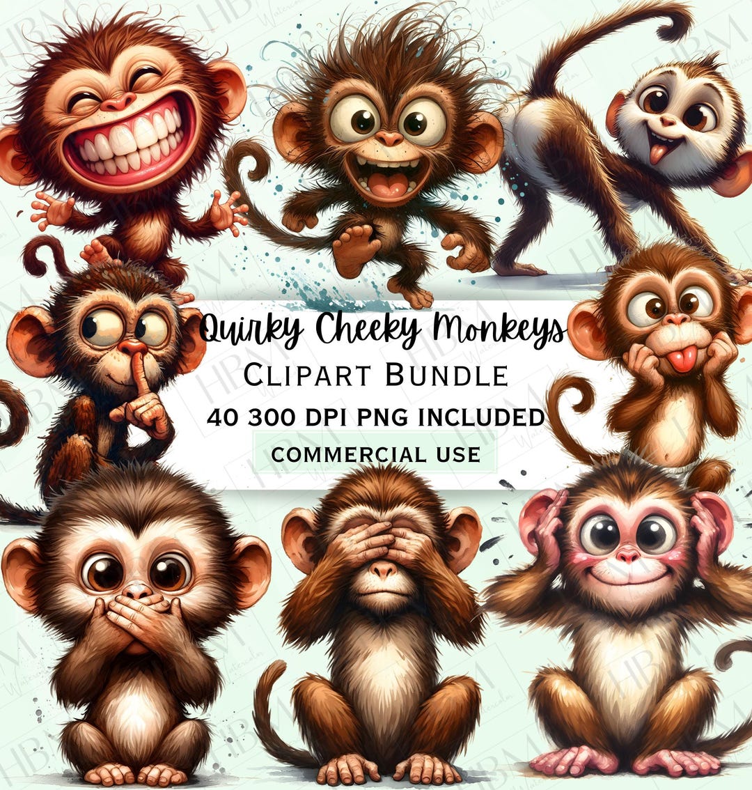 Funny Cheeky Monkeys Clipart Bundle, Cute Jungle Animal PNG, Whimsical ...