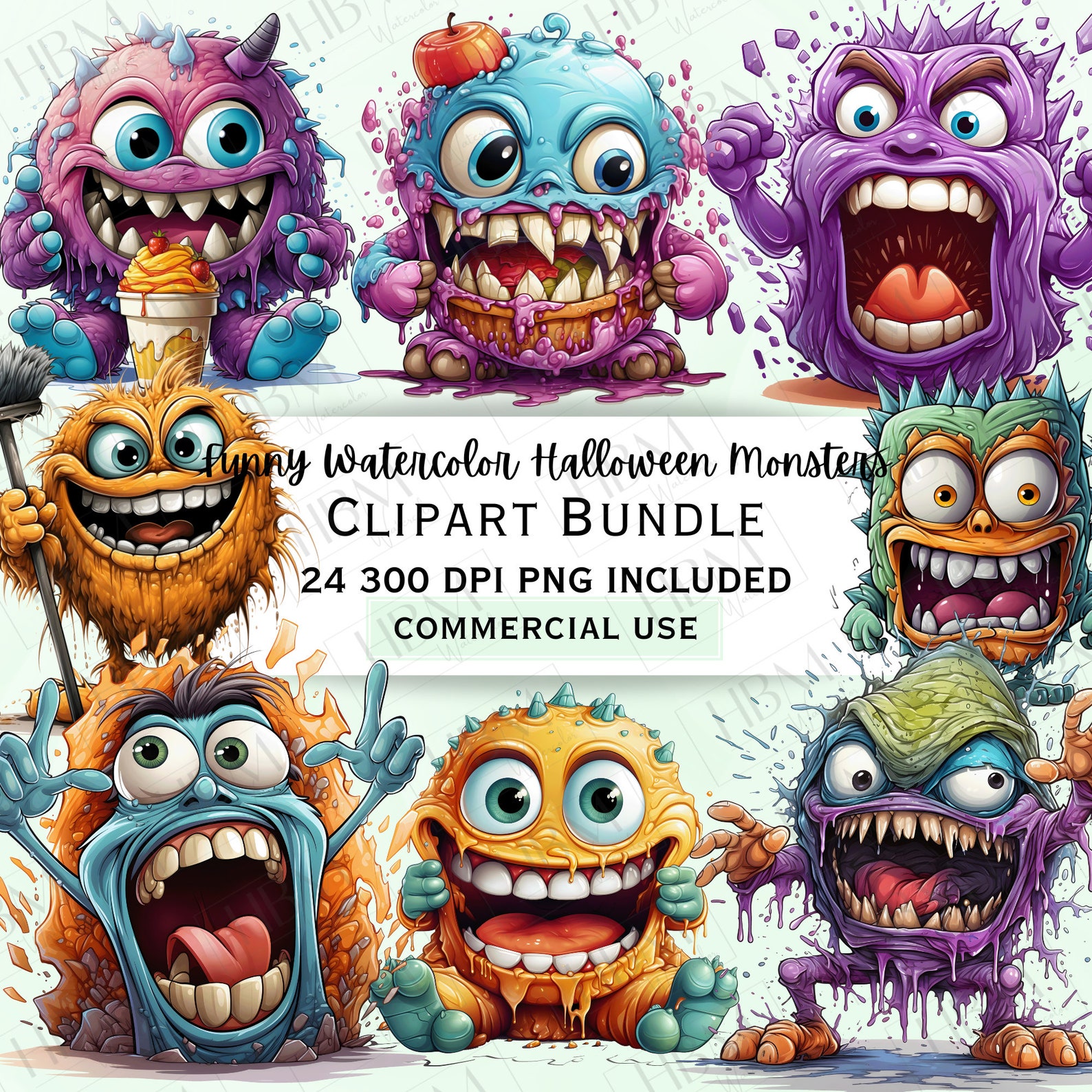 Funny Watercolor Halloween Monsters Clipart Bundle, Whimsical Cute ...