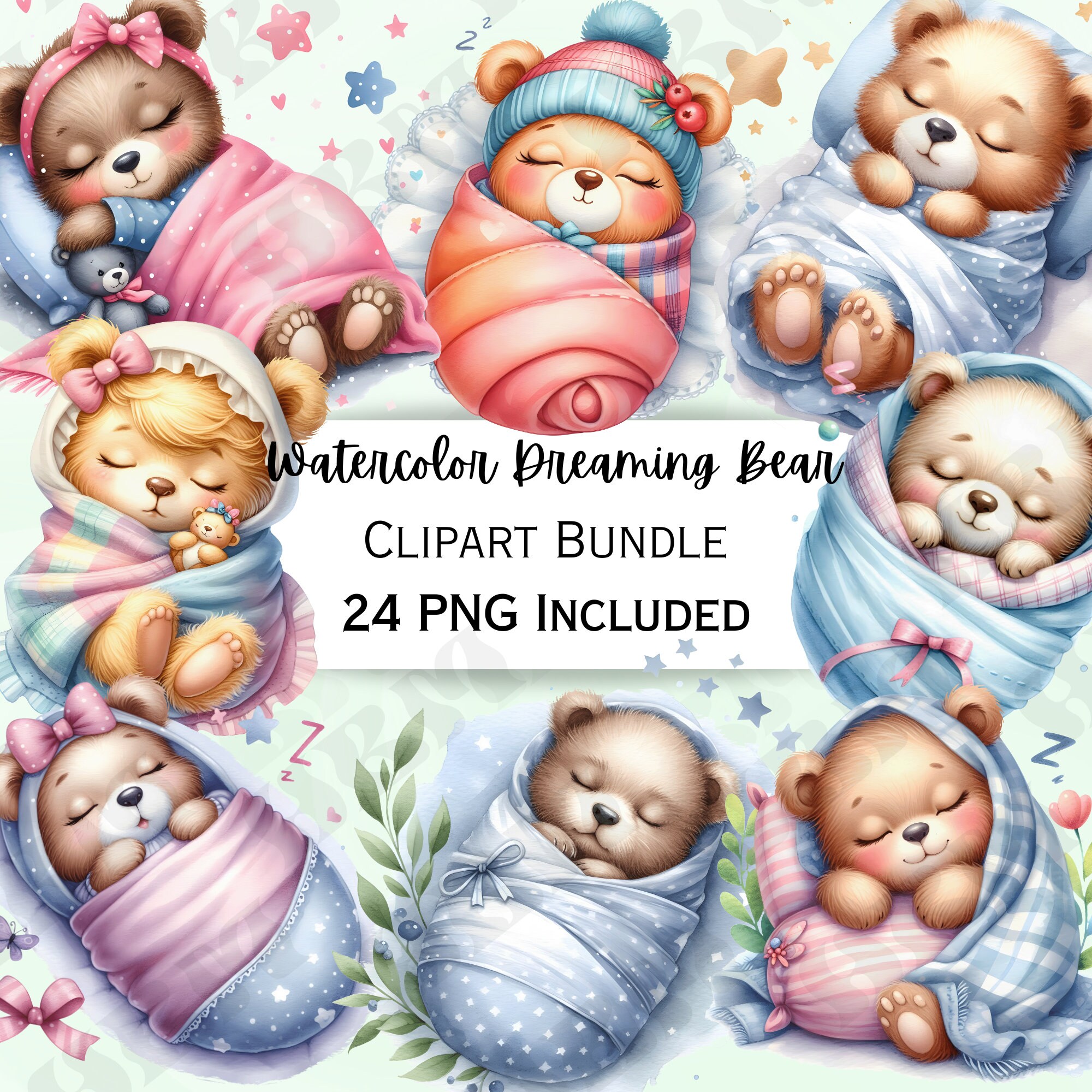 Cute Watercolor Sleeping Bear Clipart Bundle, Teddy Nursery Decor ...