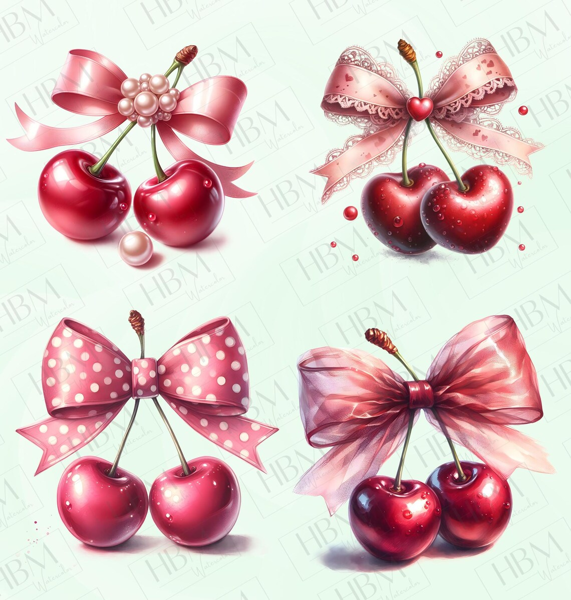 Watercolor Coquette Cherries Clipart Bundle, Gingham Cherry Bow PNG ...