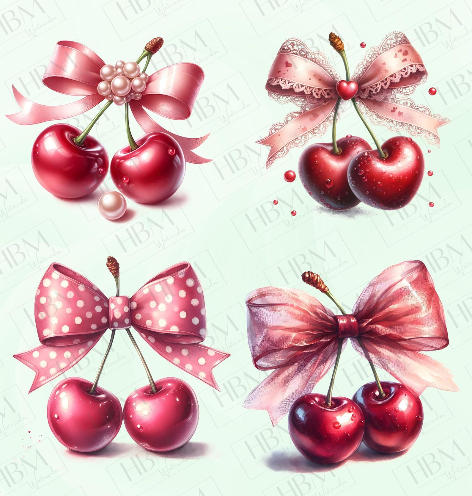 Watercolor Coquette Cherries Clipart Bundle, Gingham Cherry Bow PNG ...