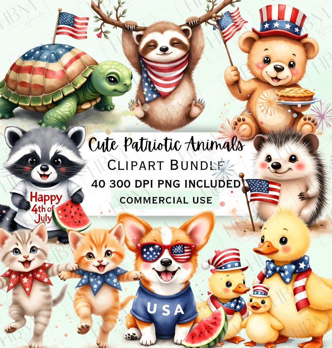 Cute 4th of July Animals Clipart Bundle, Watercolor Patriotic PNG ...