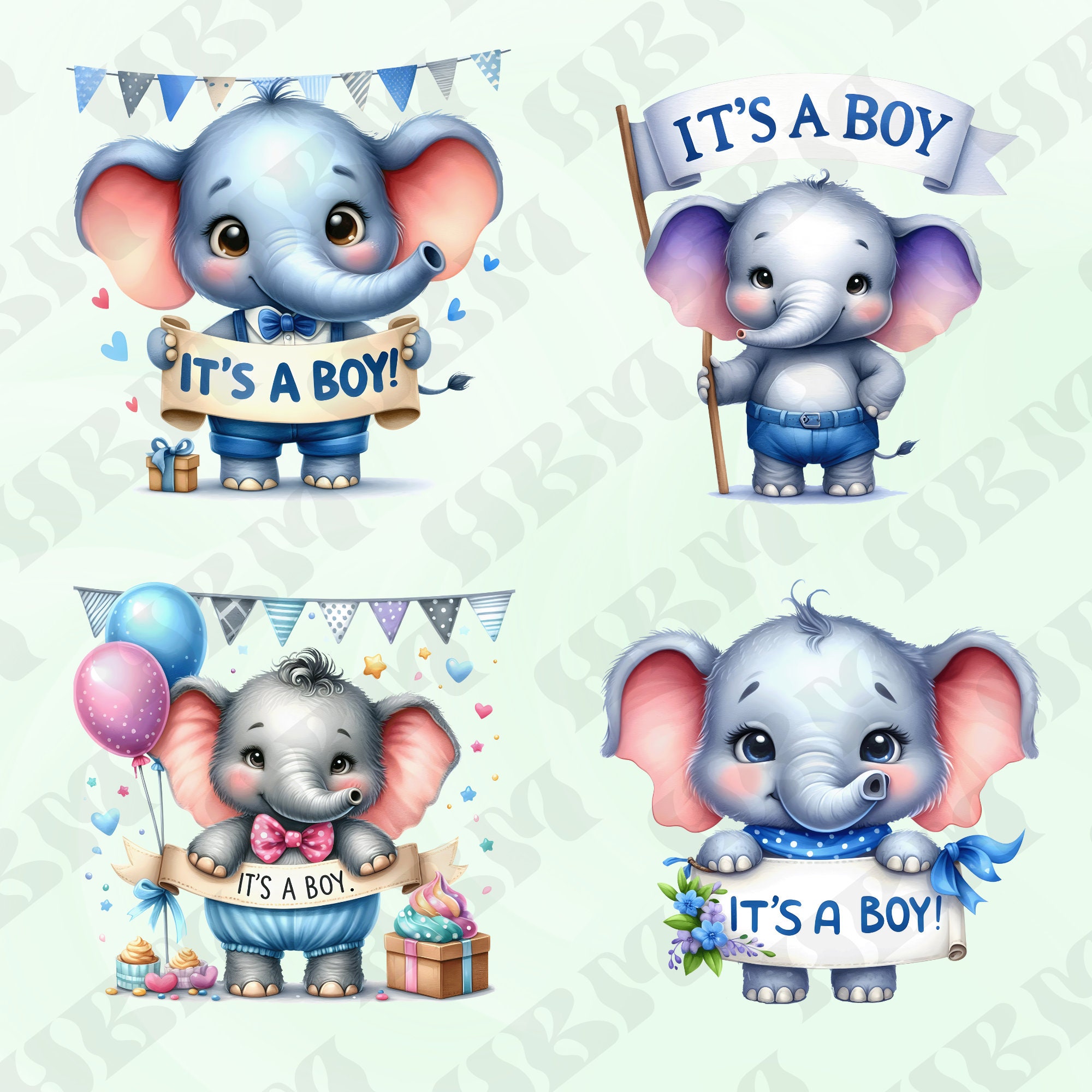 Watercolor Boy Elephant Clipart Bundle, Cute Nursery Decor, Adorable ...
