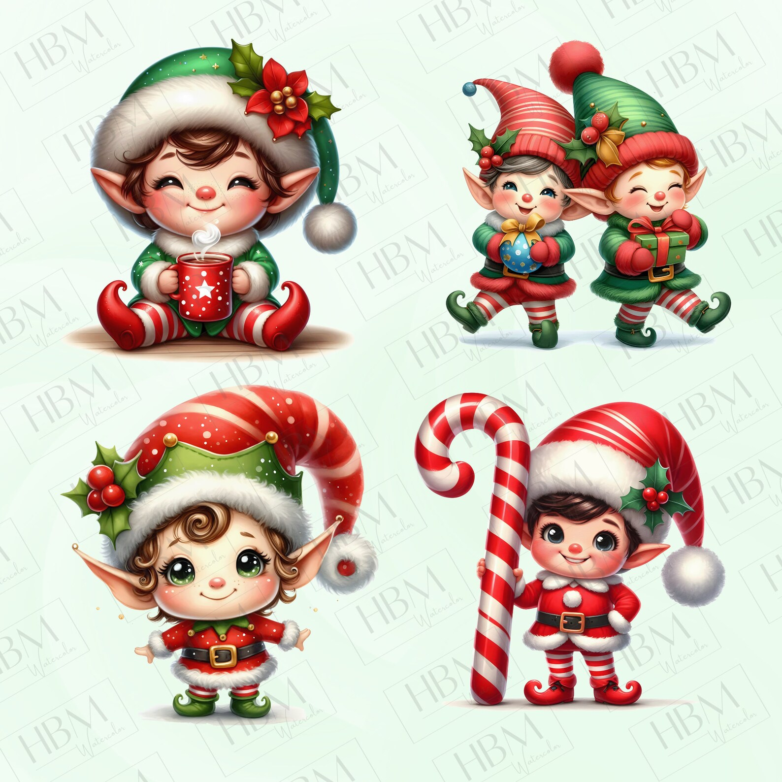 Cute Watercolor Elves Clipart Bundle, Festive Elf Graphics, Adorable ...