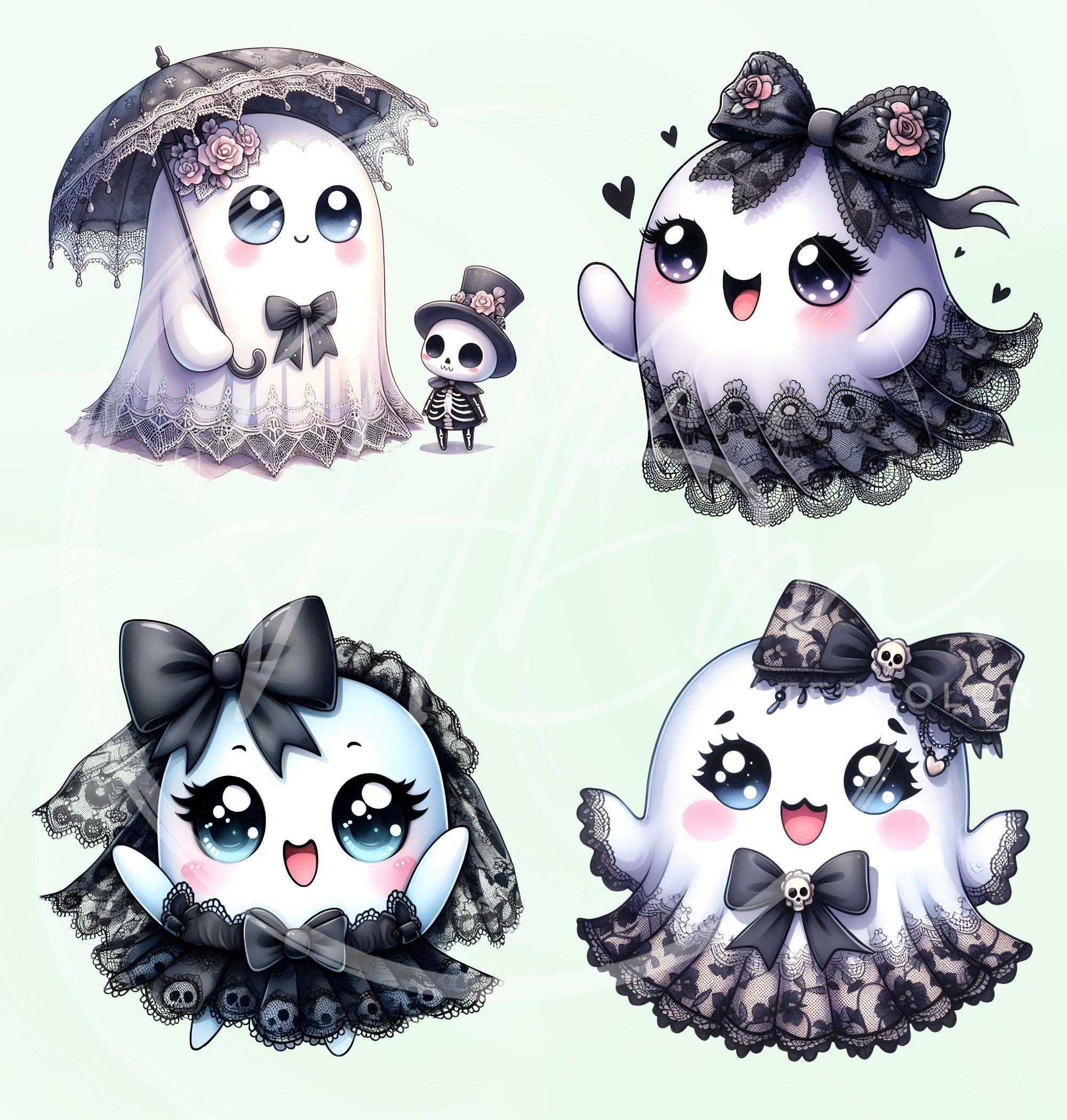 Cute Gothic Ghost Clipart Bundle, Watercolor Lacey Pastel Halloween ...