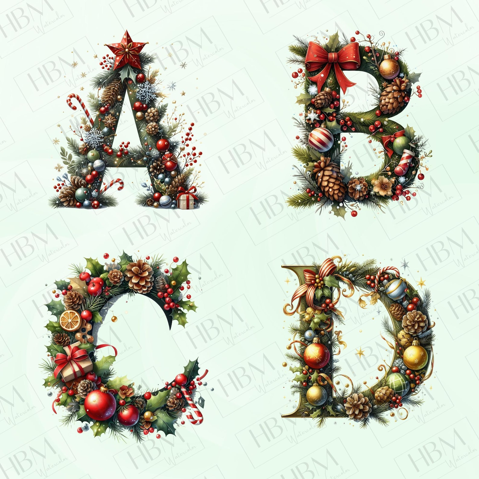 Watercolor Christmas Letters Clipart Bundle, Whimsical Xmas Graphics ...