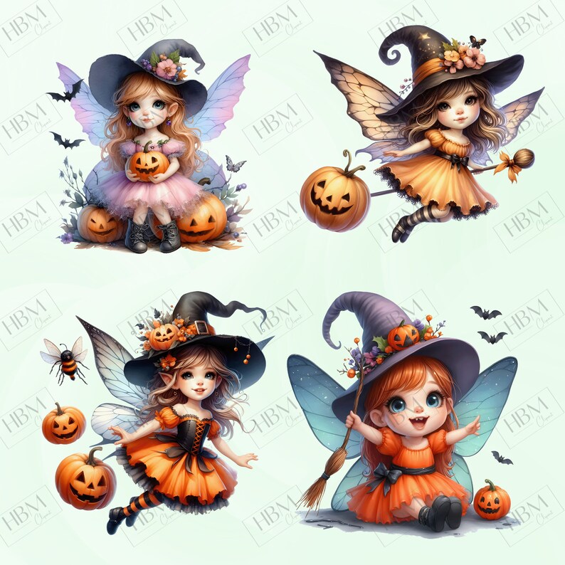 Cute Watercolor Halloween Fairy Clipart Bundle, Mystical Sticker ...