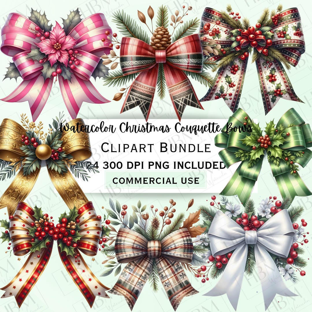 Watercolor Christmas Coquette Bows Clipart Bundle, Whimsical Festive ...