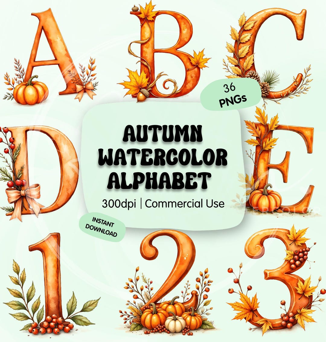 Fall Alphabet Clipart Bundle, Autumn Pumpkin Letters & Numbers PNG ...