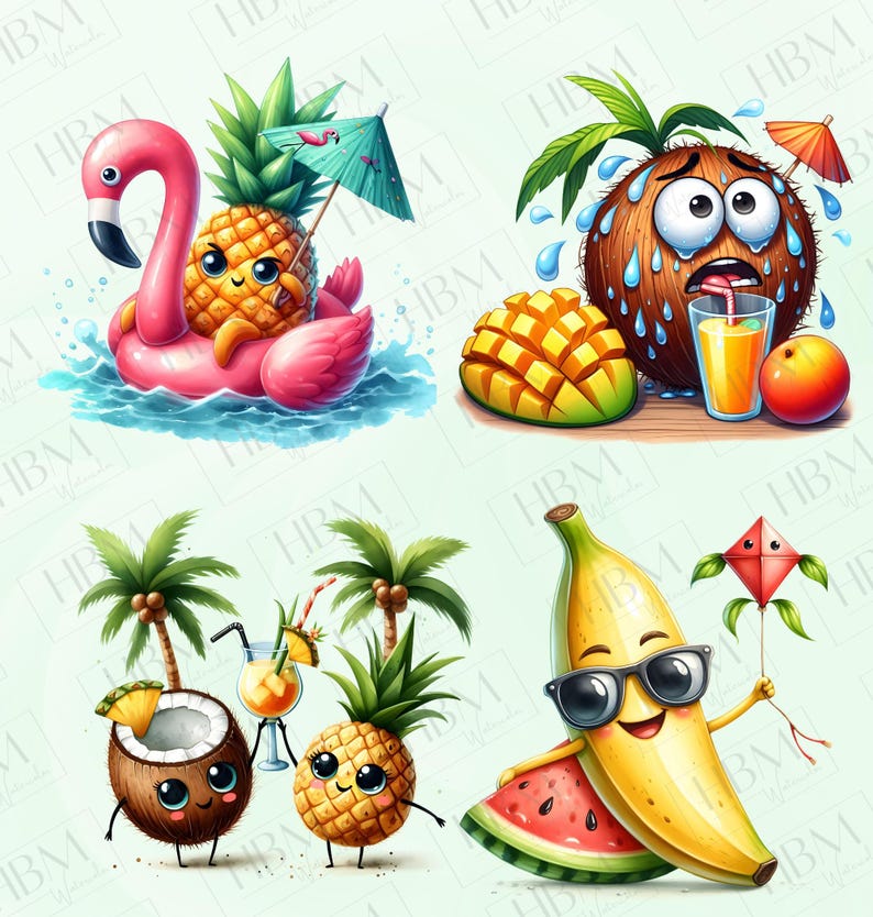 Quirky Tropical Fruit Clipart Bundle, Funny Summer Characters PNG ...