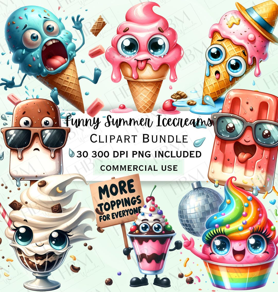 Funny Summer Ice Cream Clipart Bundle, Cute Sundae PNG, Popsicle ...