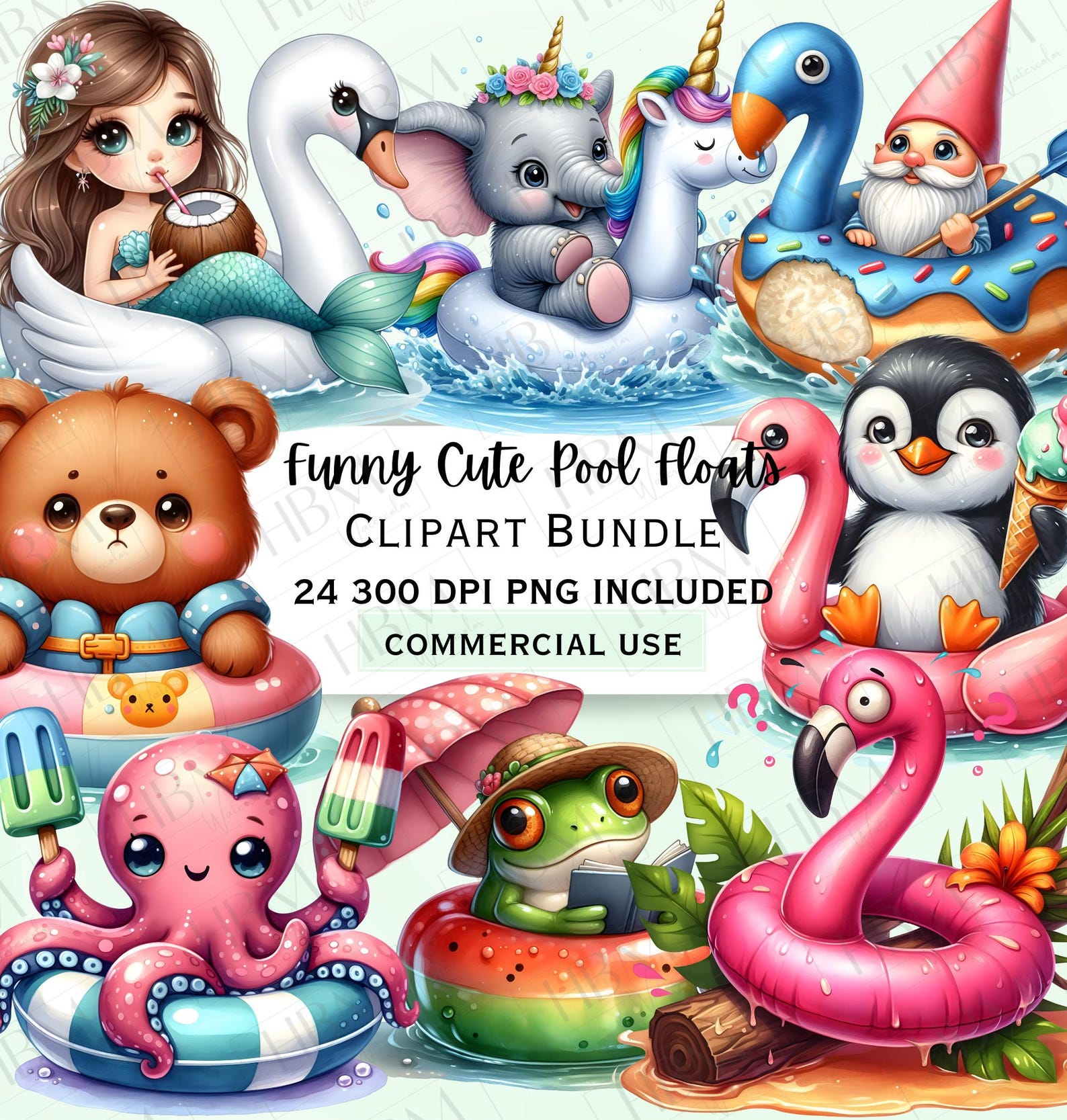 Funny Cute Pool Float Clipart Bundle, Cute Animal Graphics, Kawaii ...