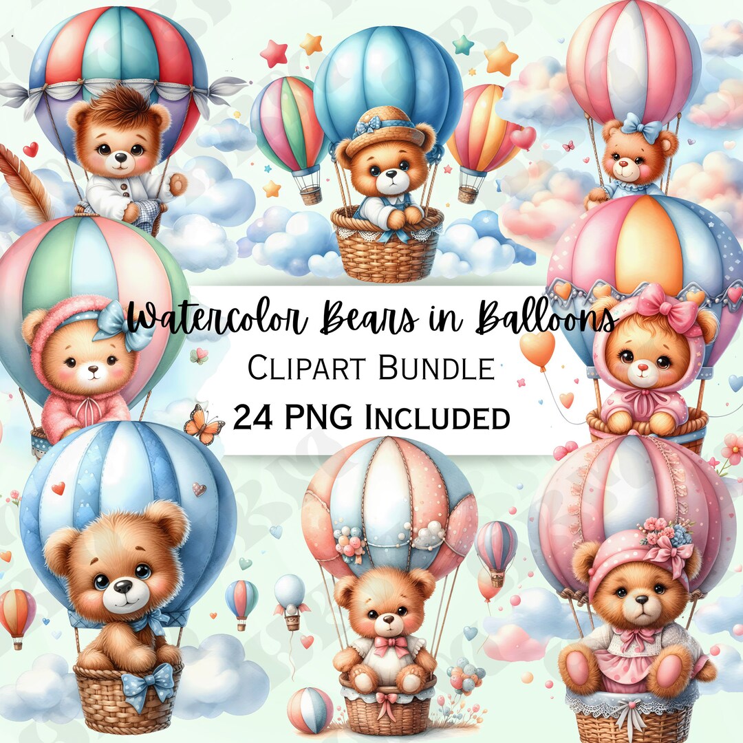 Watercolor Bear in Balloon Clipart Bundle, Cute Teddy Nursery Decor ...