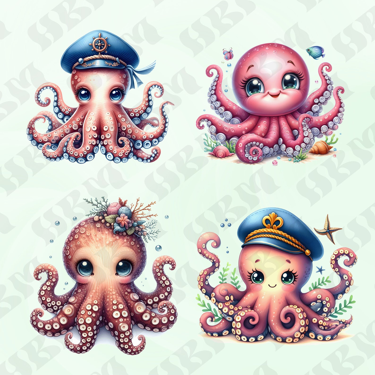 Cute Watercolor Octopus Clipart Bundle, Adorable Nursery Decor, Sea ...