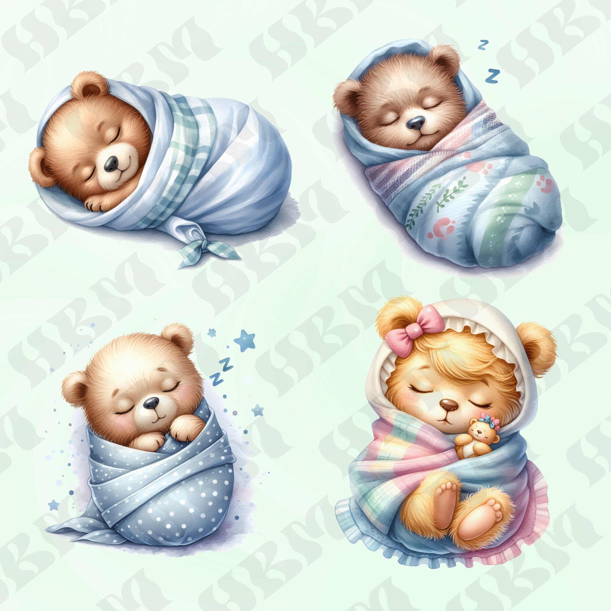 Cute Watercolor Sleeping Bear Clipart Bundle, Teddy Nursery Decor ...