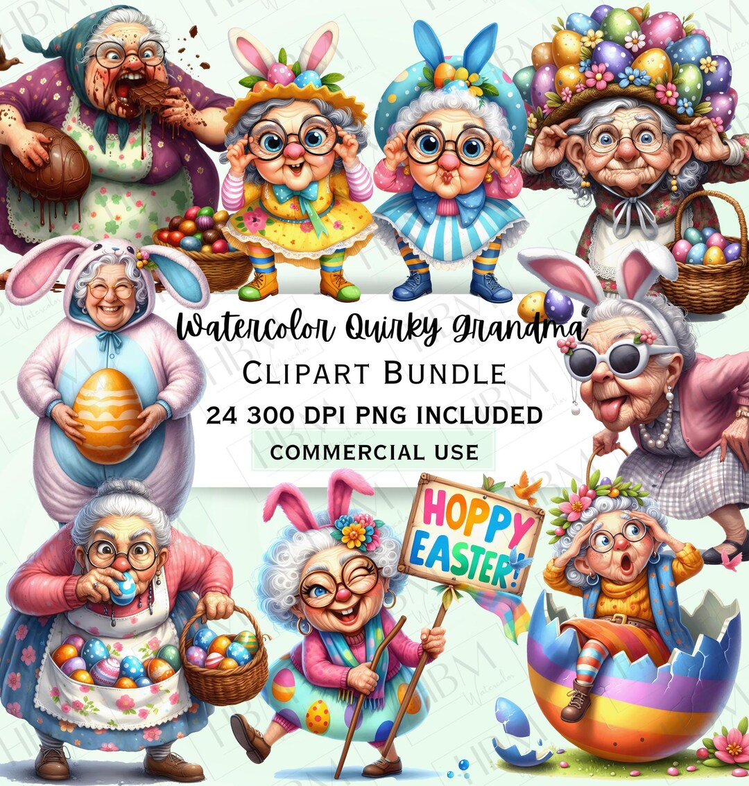 Funny Watercolor Easter Old Lady Clipart Bundle, Whimsical Grandma ...