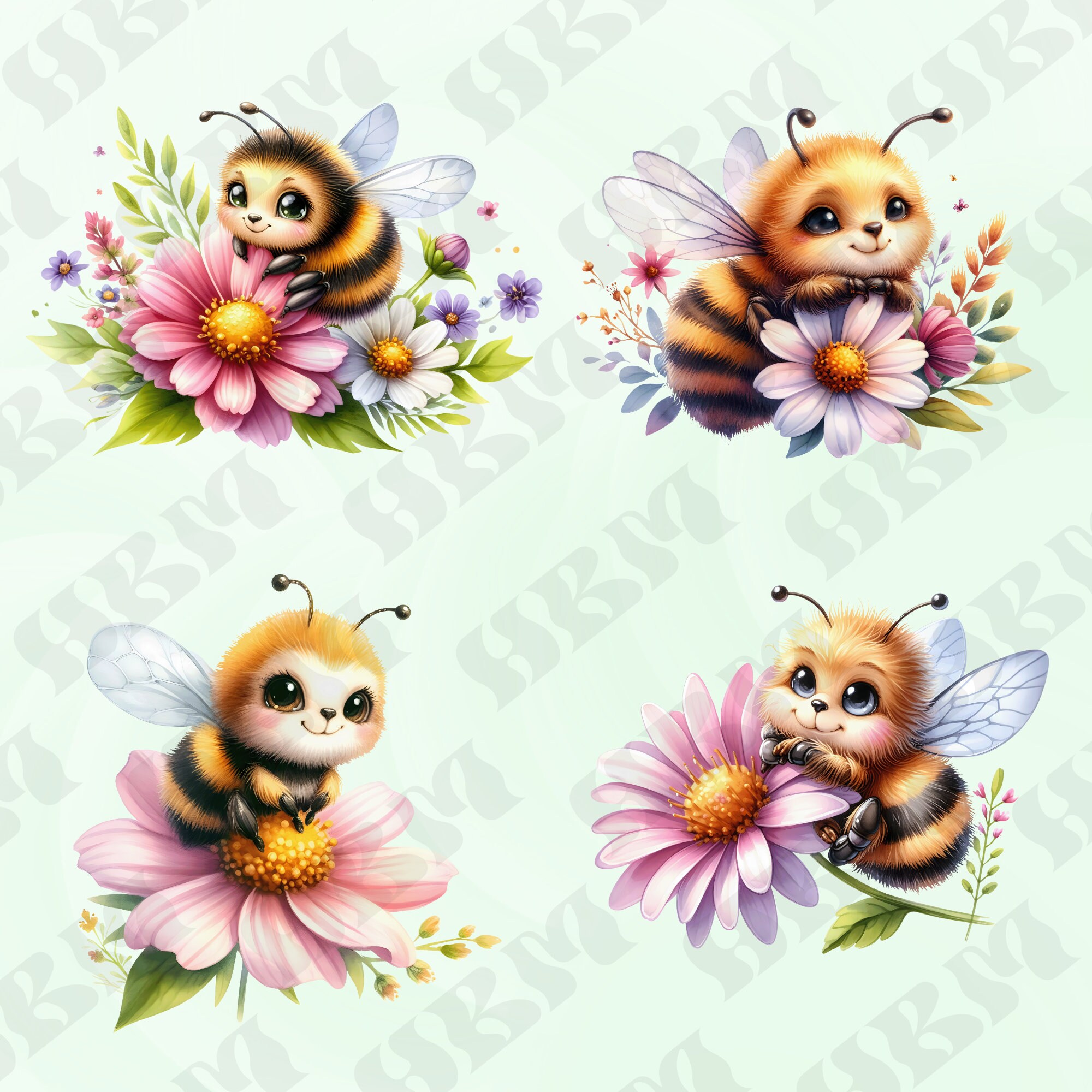 Cute Watercolor Bees on Flowers Clipart Bundle, Daisies Nursery Decor ...