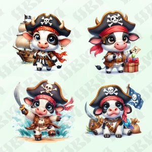 Funny Cute Watercolor Pirate Cow Clipart Bundle, Whimsical Animal ...