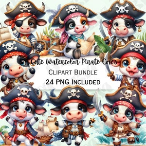Funny Cute Watercolor Pirate Cow Clipart Bundle, Whimsical Animal ...