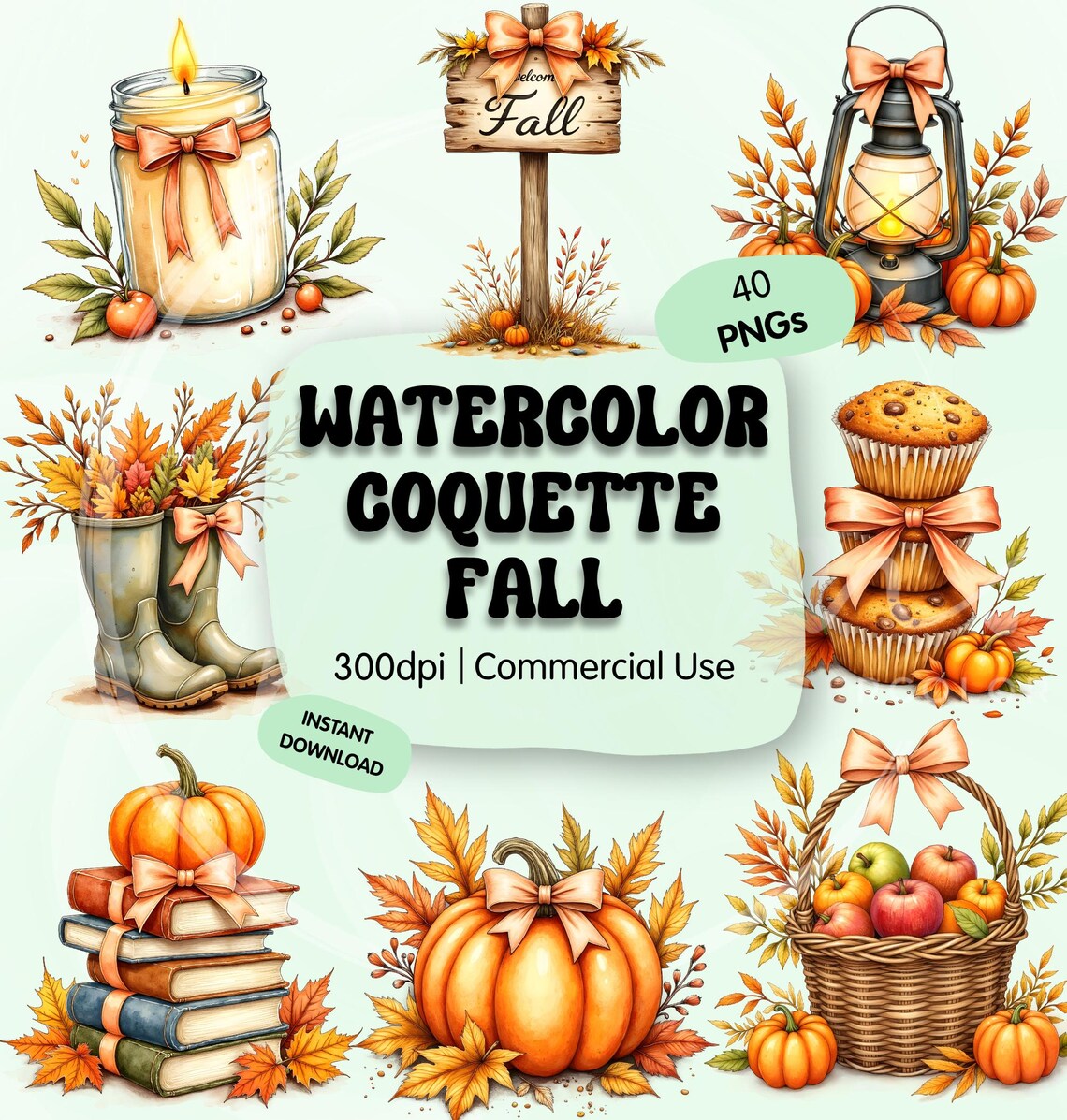 Watercolor Coquette Fall Clipart Bundle PNG, Cozy Autumn Aesthetic ...