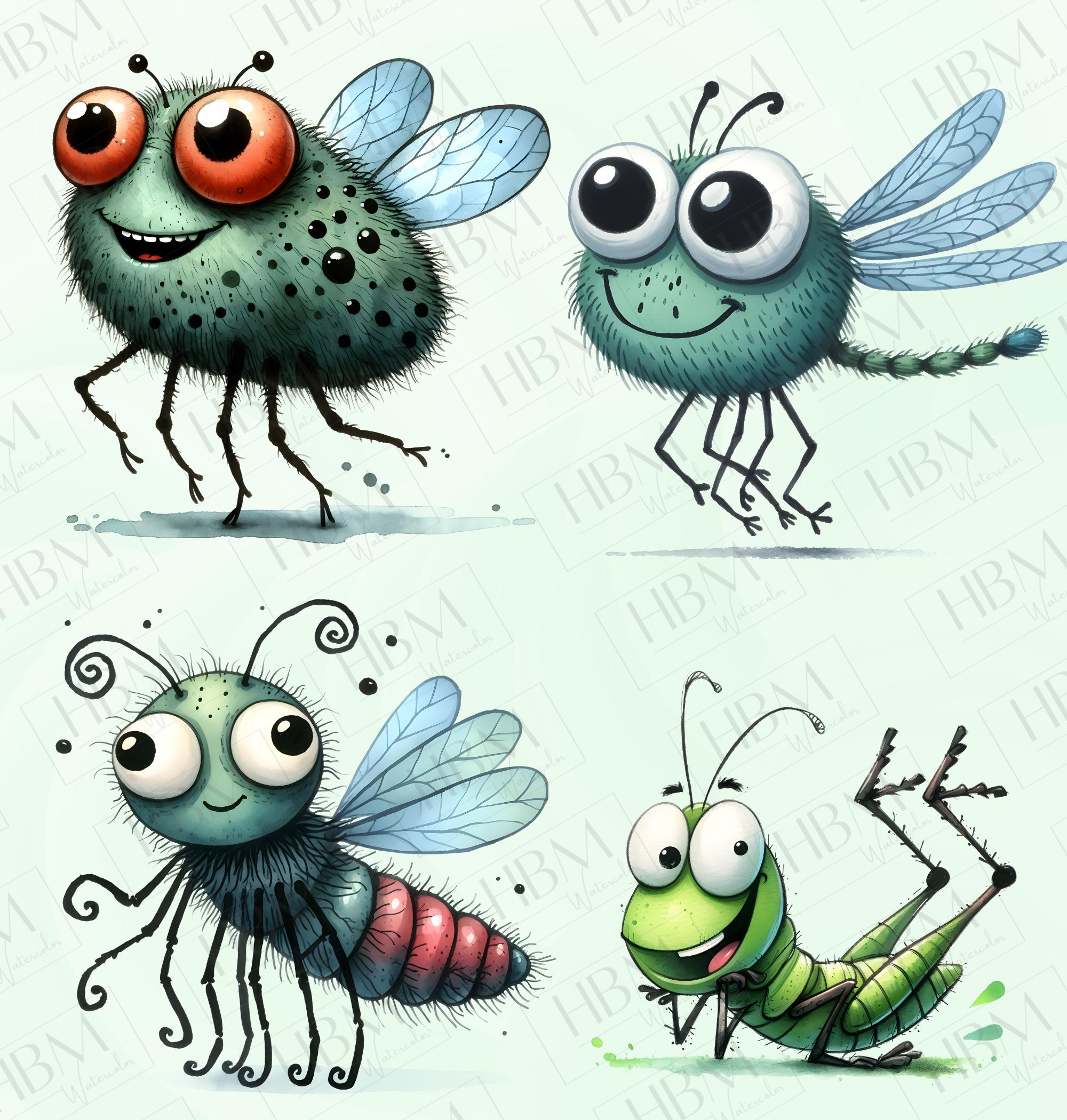 Funny Quirky Insects Clipart Bundle, Silly Bug Sticker, Crazy Whimsical ...
