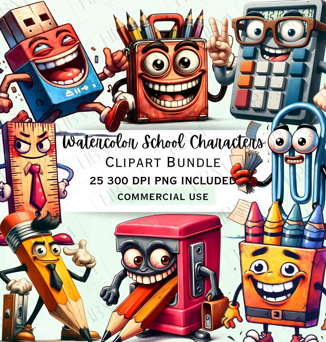 Funny School Supplies Clipart Bundle, Watercolor Classroom Characters ...