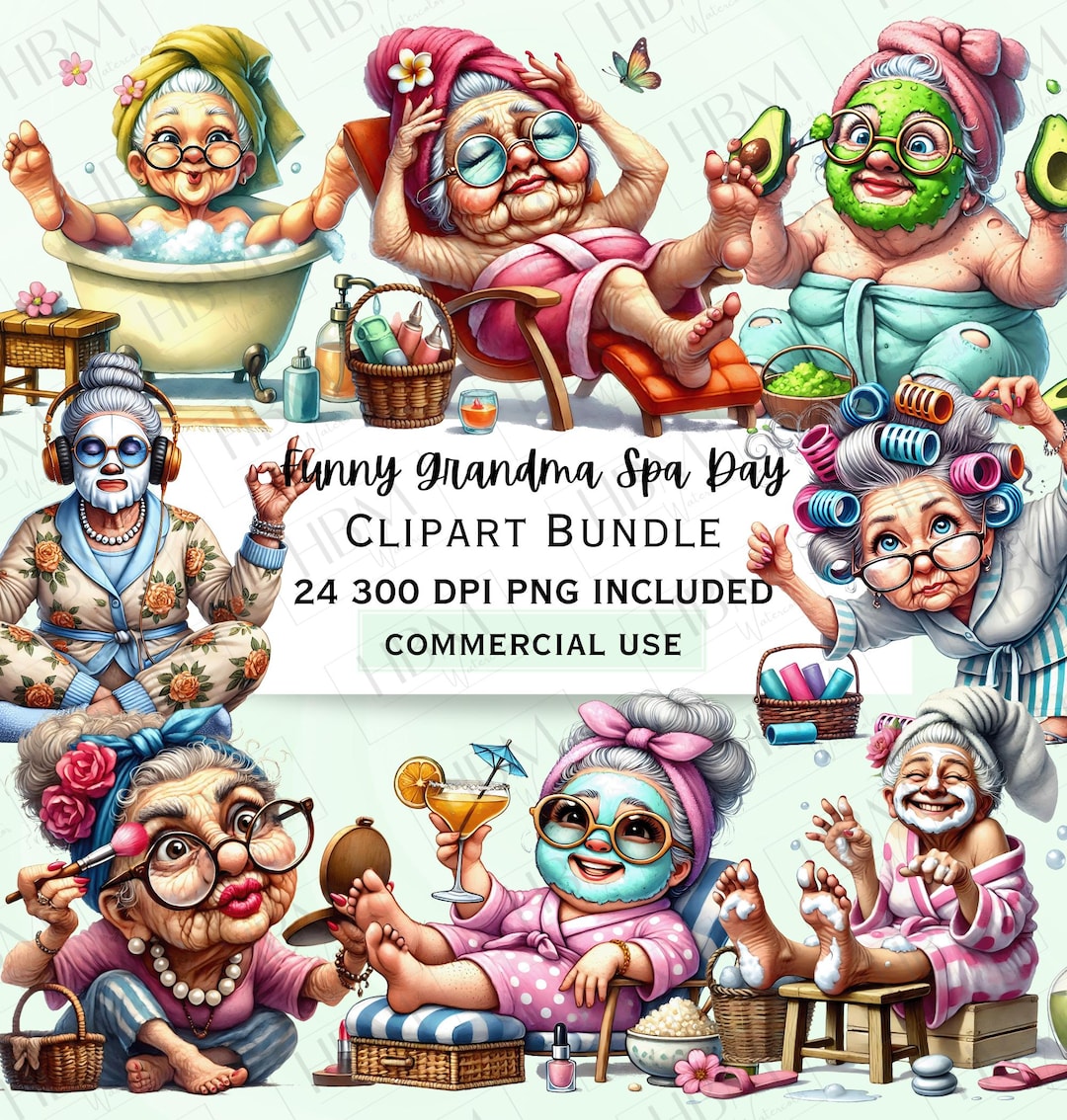 Funny Watercolor Grandma Spa Day Clipart Bundle, Comical Old Lady ...