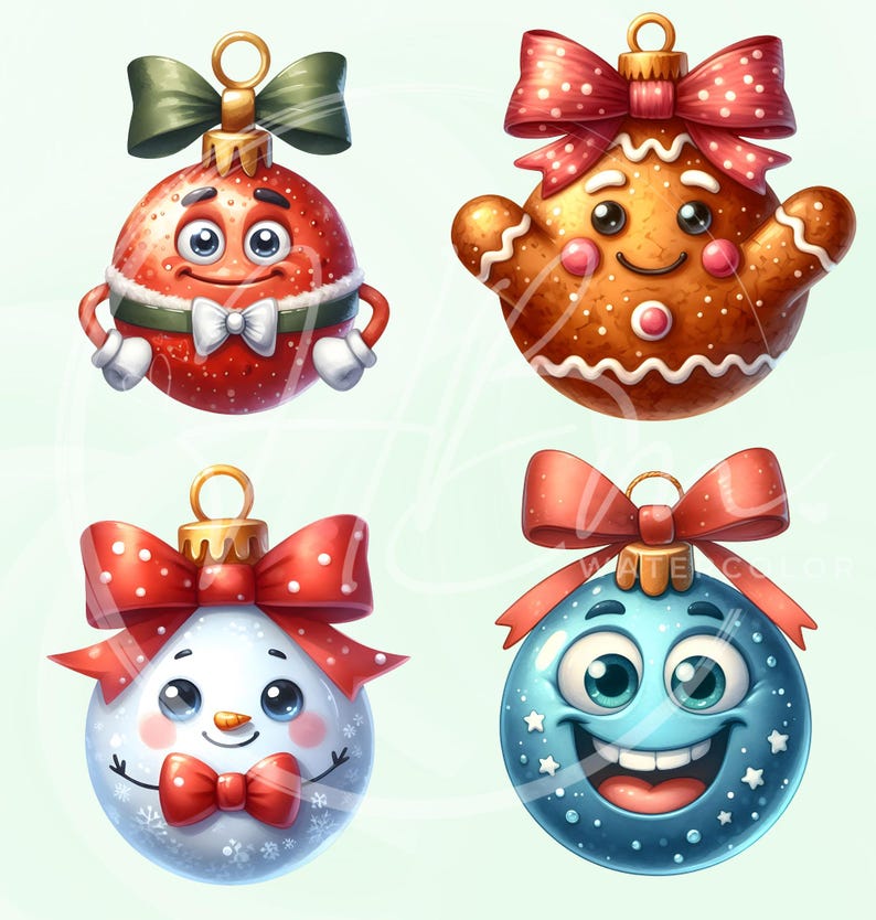 Funny Christmas Bauble Characters Clipart Bundle, Whimsical Watercolor ...