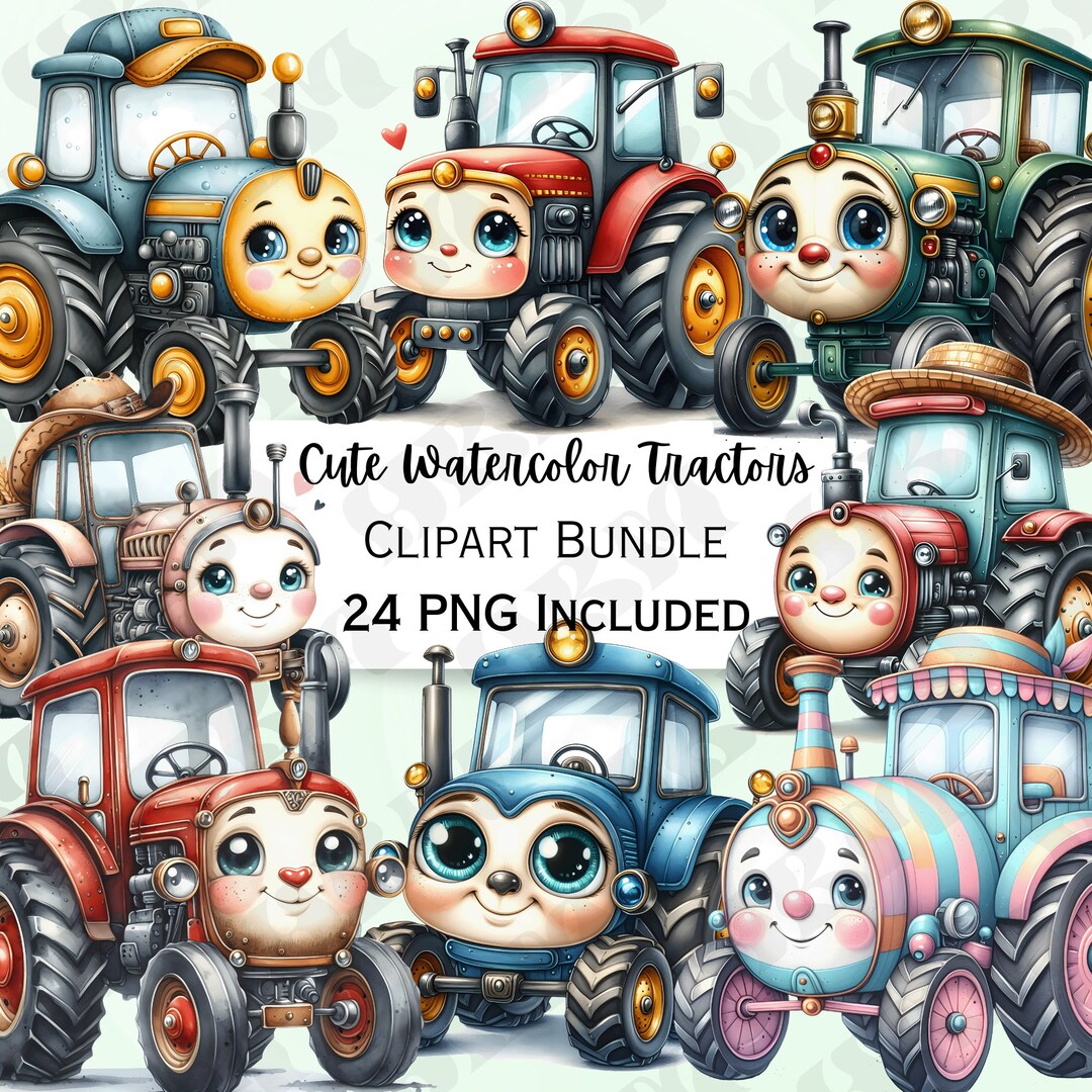 Cute Watercolor Tractors Clipart Bundle, Farm Sticker, Adorable Country ...