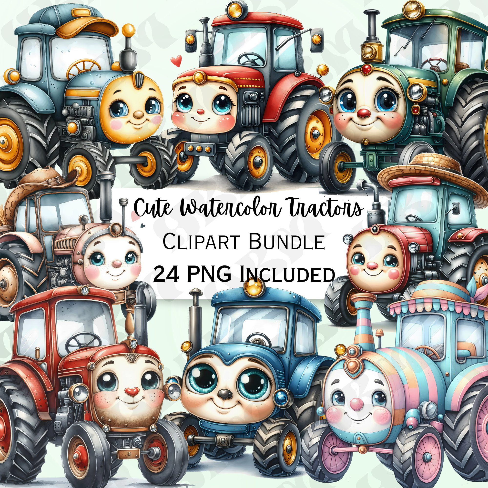 Cute Watercolor Tractors Clipart Bundle, Farm Sticker, Adorable Country ...