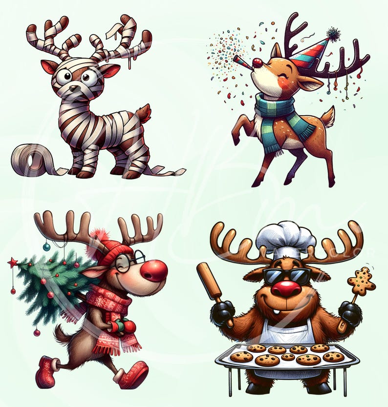 Quirky Christmas Reindeer Clipart PNG Bundle, Funny Holiday Deer ...
