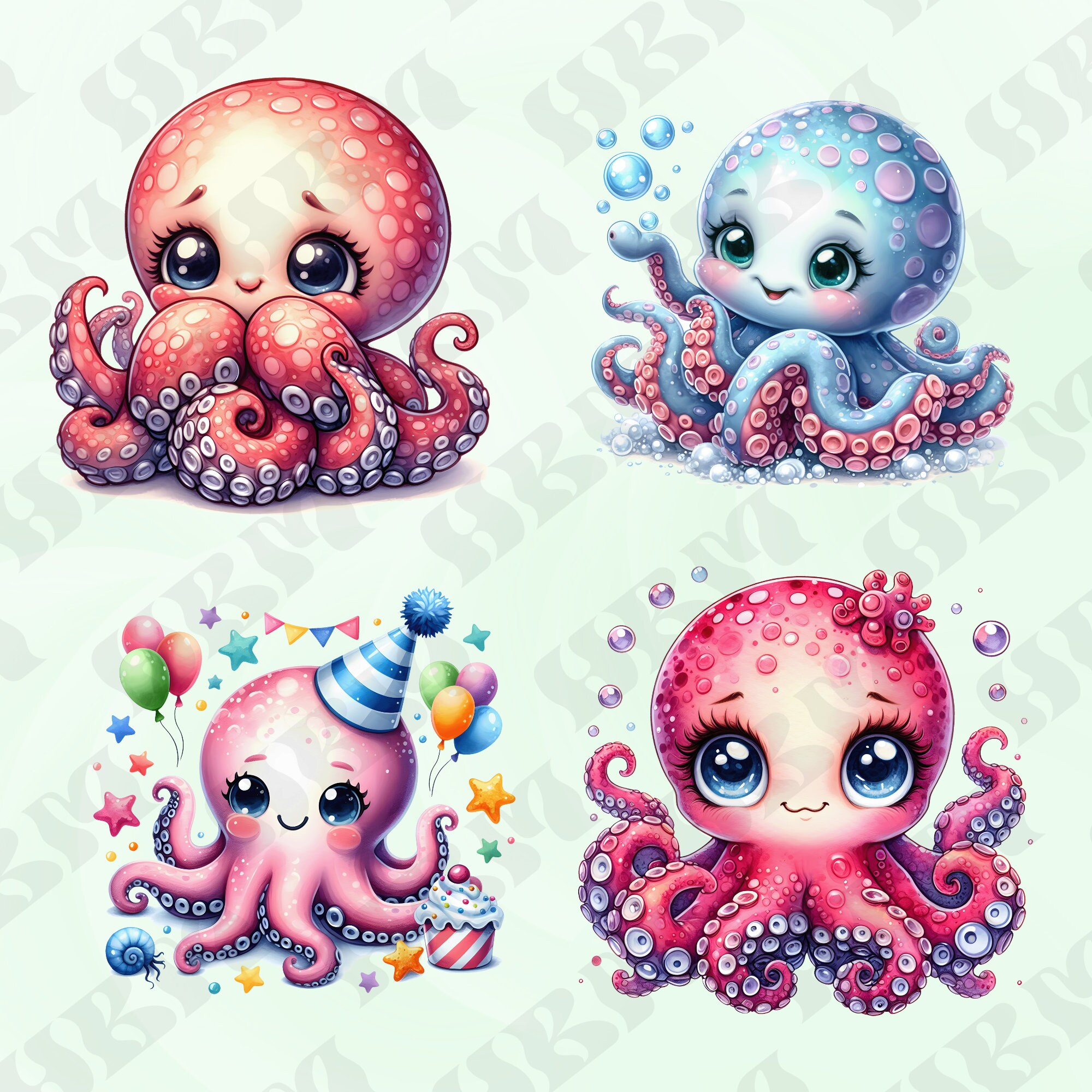 Cute Watercolor Octopus Clipart Bundle, Adorable Nursery Decor, Sea ...