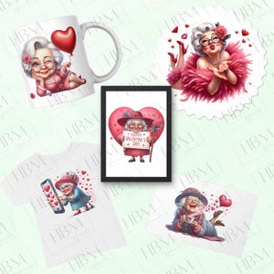 Funny Watercolor Valentine Old Lady Clipart Bundle, Whimsical Grandma ...