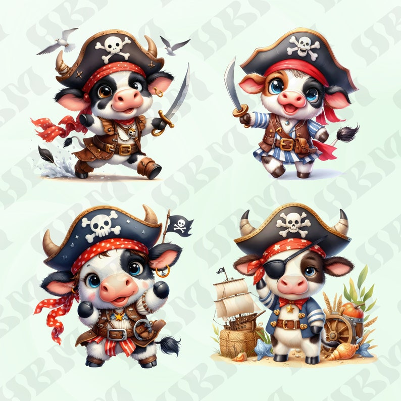 Funny Cute Watercolor Pirate Cow Clipart Bundle, Whimsical Animal ...